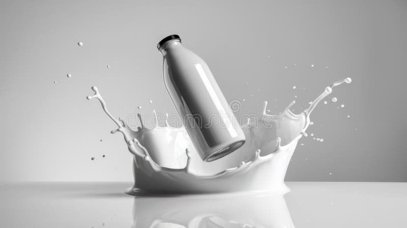 Glass Bottle of Milk Splashing into a Pool of Milk on a White ...