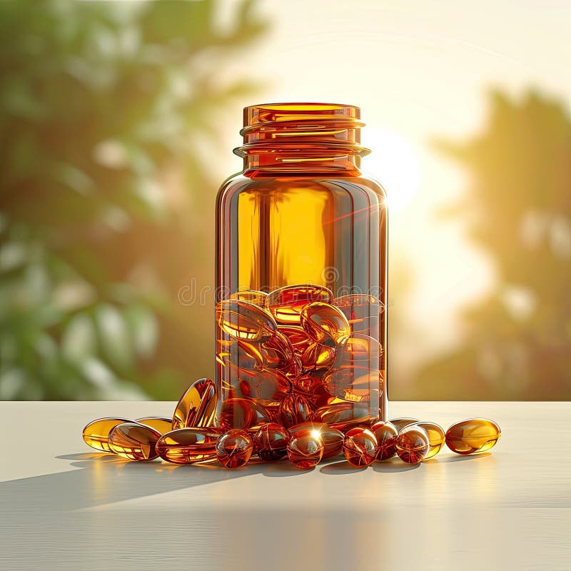 Glass Bottle of Omega-3 Supplements on Table. Stock Illustration ...