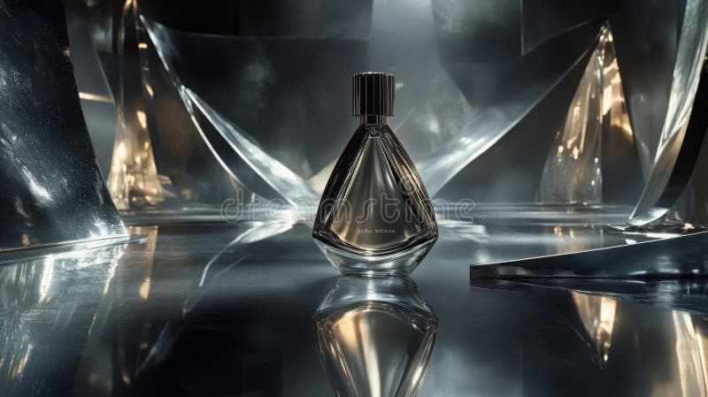 A Glass Bottle of Perfume Sits on a Reflective Surface, Surrounded by ...