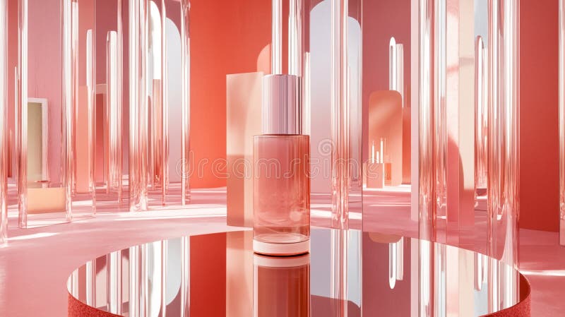 A Glass Bottle of Perfume Sits on a Mirrored Surface in a Room with ...