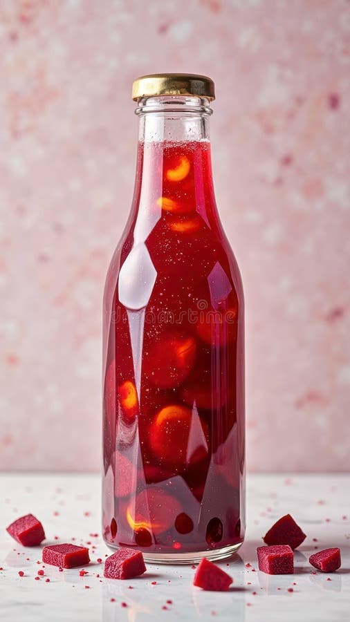 Glass Bottle of Red Beverage with Fruit Pieces on Marble Surface Stock ...