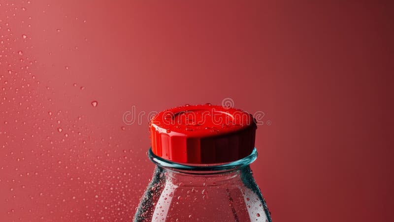 A Glass Bottle with a Red Cap Covered in Water Droplets on a Red ...