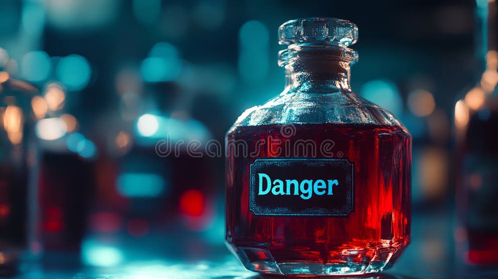 Glass Bottle with Red Liquid Labeled Danger . Stock Photo - Image of ...