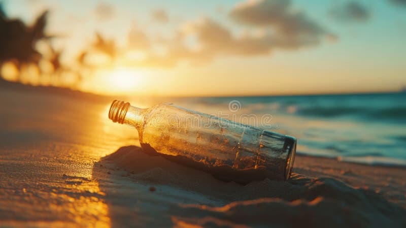 Glass Bottle on Sandy Beach at Sunset Stock Illustration - Illustration ...