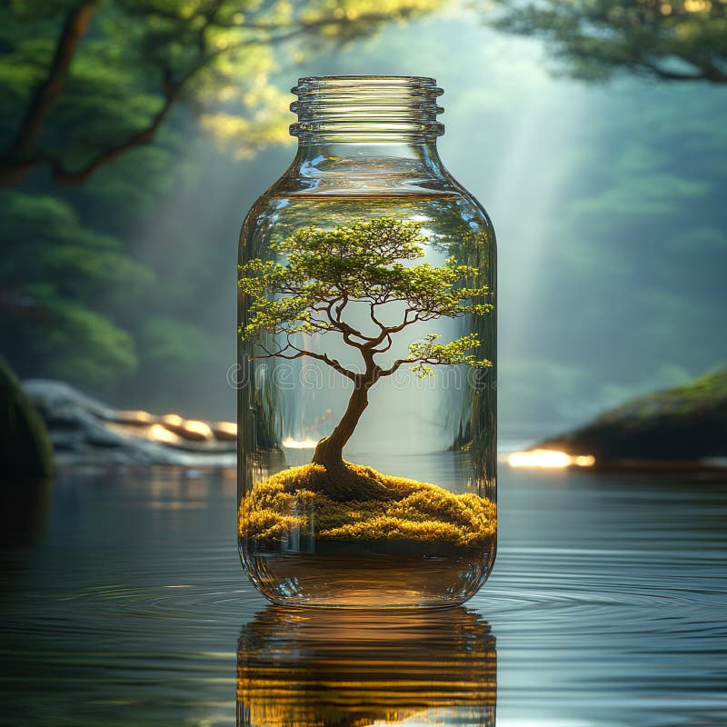 Glass Bottle with a Tree of Micro Landscape on Water with Vibrant ...