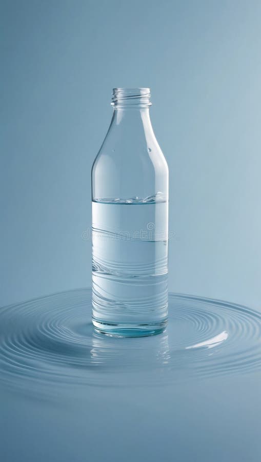 Glass Bottle with Water, Ripples on Blue Background. Hydration ...