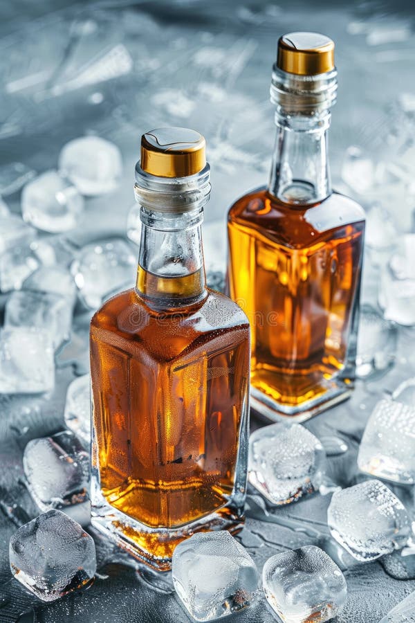 Glass Bottles with Alcohol in Ice Cubes. Selective Focus Stock Image ...