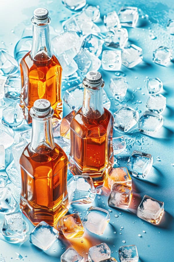Glass Bottles with Alcohol in Ice Cubes. Selective Focus Stock Photo ...