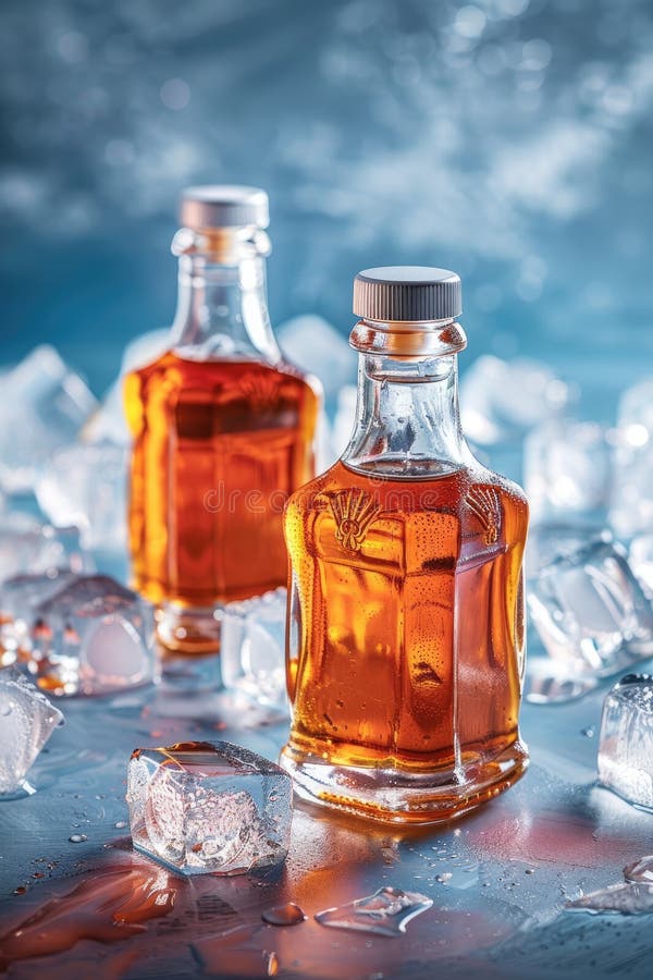 Glass Bottles with Alcohol in Ice Cubes. Selective Focus Stock Image ...