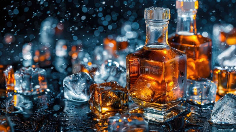 Glass Bottles with Alcohol in Ice Cubes. Selective Focus Stock Image ...