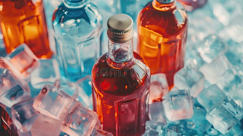 Glass Bottles with Alcohol in Ice Cubes. Selective Focus Stock Photo ...