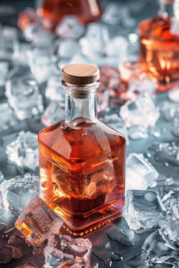 Glass Bottles with Alcohol in Ice Cubes. Selective Focus Stock Image ...