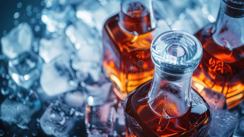 Glass Bottles with Alcohol in Ice Cubes. Selective Focus Stock ...