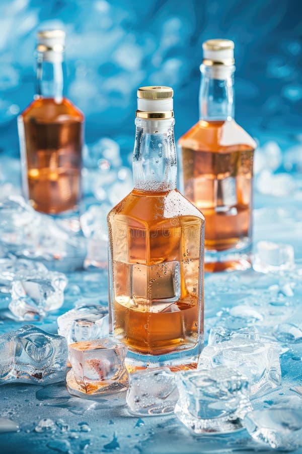 Glass Bottles with Alcohol in Ice Cubes. Selective Focus Stock ...