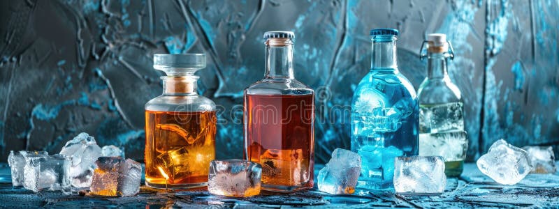 Glass Bottles with Alcohol in Ice Cubes. Selective Focus Stock ...