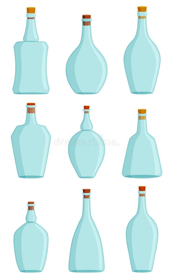 Glass Bottles Cartoon Style Vector Icon Set. Vector Blank and Empty ...