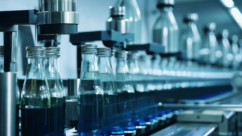 Blue Liquid Filled Glass Bottles Traveling on Conveyor, Passing Beneath ...