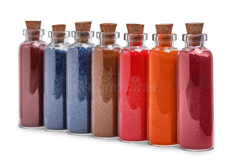 Glass Bottles of Different Food Coloring Isolated on White Stock Photo ...