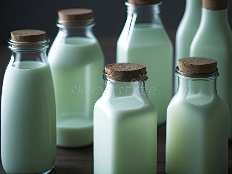 Glass Bottles of Fresh Milk Closeup. Ai Generative Stock Illustration ...