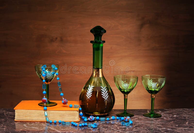 Glass Bottles, Glasses and Books Stock Photo - Image of decoration ...