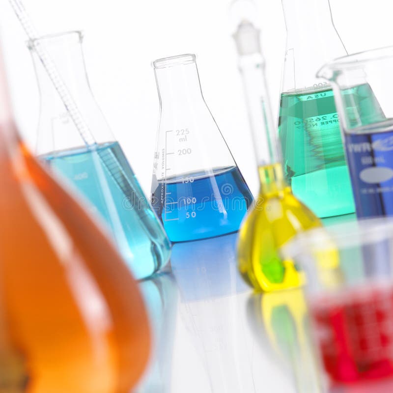 Glass Bottles in Lab with Colored Liquid Stock Image - Image of white ...