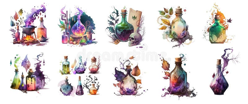 Glass Bottles with Magic Potions for Witchcraft and Spell Casting Stock ...