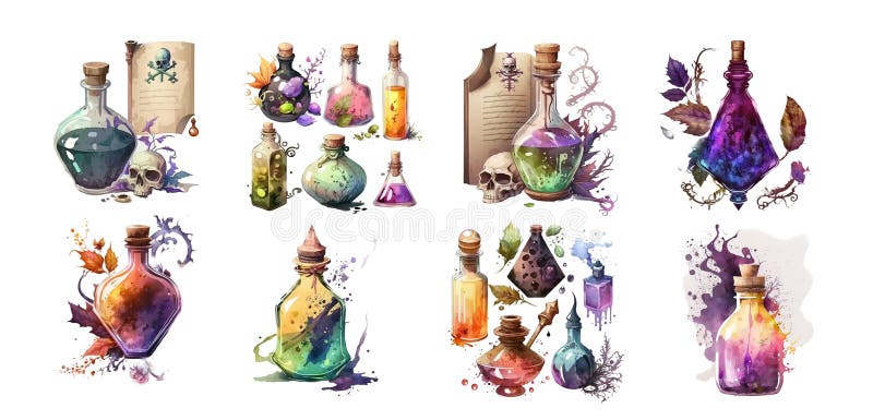 Glass Bottles with Magic Potions for Witchcraft and Spell Casting Stock ...