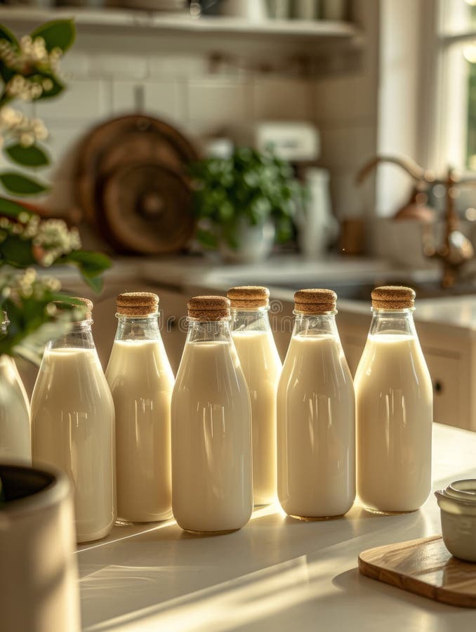 Glass Bottles of Milk on a Kitchen Countertop in Sunlight. Stock Photo ...