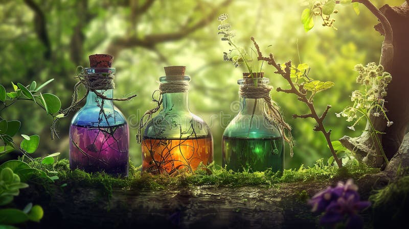 Glass Bottles of Potions Amongst the Trees . Generative Ai Stock ...