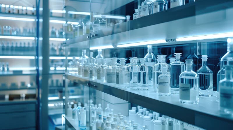 Glass Bottles on a Shelf in a Laboratory Setting Stock Photo - Image of ...