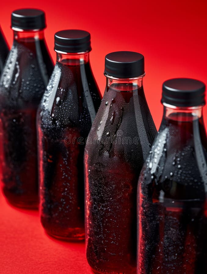Glass Bottles of Soda with Condensation, Displayed on a Red Background ...