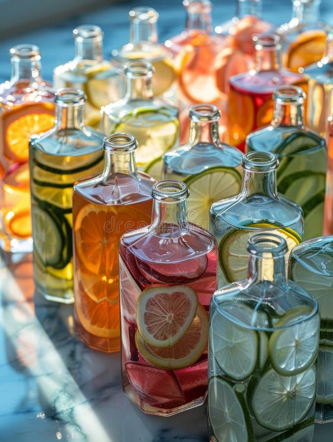 Glass Bottles with Various Citrus-infused Beverages Inside Them. Stock ...