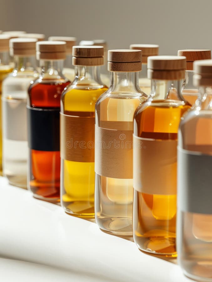 Glass Bottles with Various Essential Oils in a Row. Stock Photo - Image ...