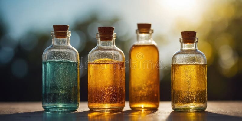 Glass Bottles with Yellow Liquid in Sunlight. Stock Photo - Image of ...