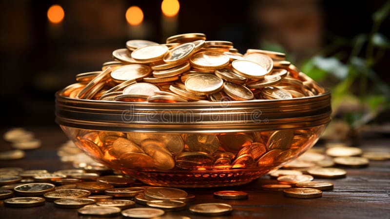 A Glass Bowl with Gold Coins Inside and a Gold Bowl Stock Photo - Image ...