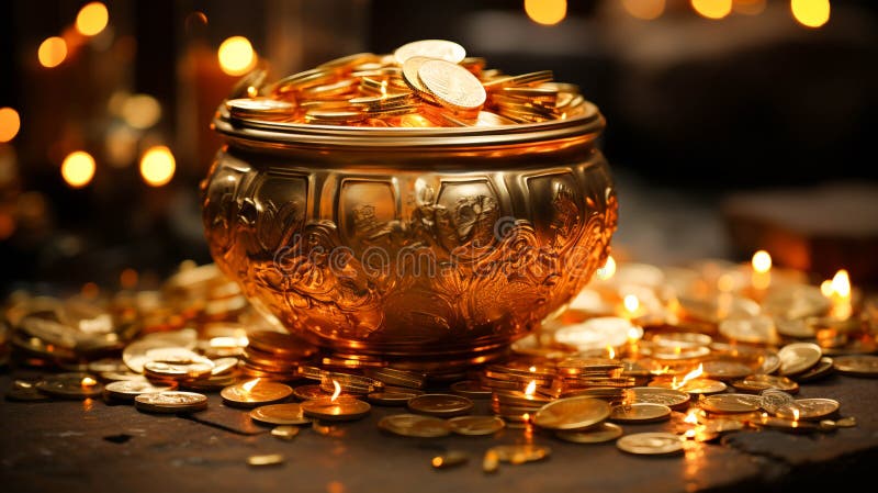 A Glass Bowl with Gold Coins Inside and a Gold Bowl Stock Image - Image ...