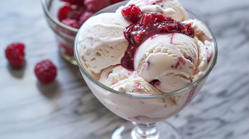 Glass Bowl of Ice Cream with Raspberry Topping. Generative Ai Stock ...