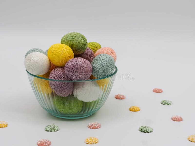 Glass Bowl with String Decorated Easter Eggs Stock Photo - Image of ...