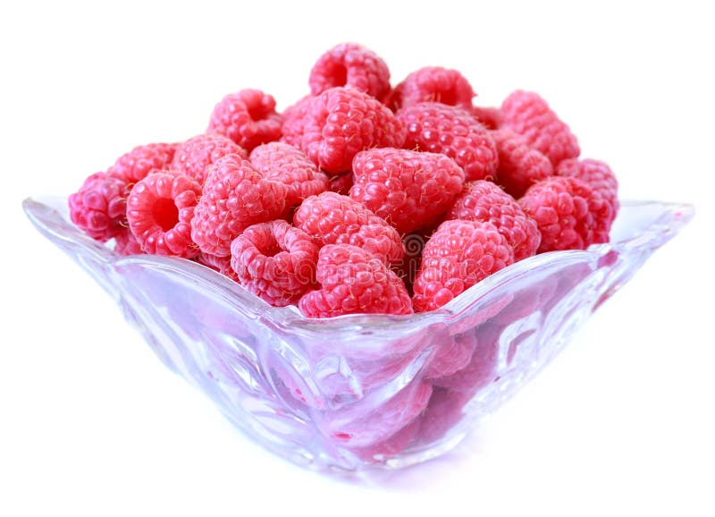 Glass Bowl with Sweet Red Raspberry on White Background Stock Photo ...