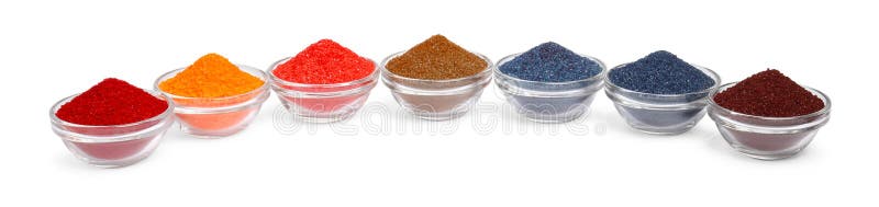 Glass Bowls with Different Food Coloring Isolated on White Stock Photo ...