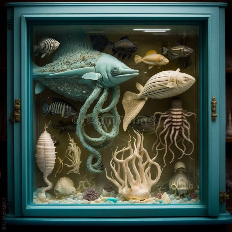 A Glass Box with a Blue Box that Says " Fish " on it. Stock ...