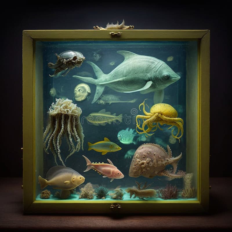 A Glass Box with a Blue Box that Says " Fish " on it. Stock ...