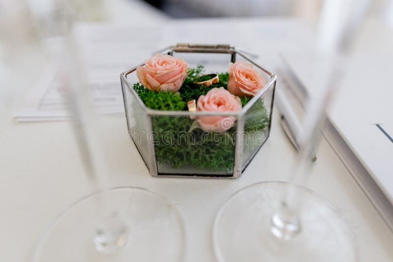 A Glass Box with Wedding Rings on the Wedding Ceremony Table Stock ...