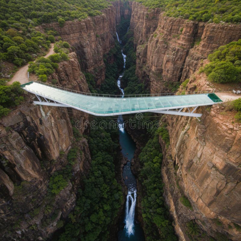 Glass Bridge Spanning a Deep Canyon with Waterfalls Stock Illustration ...