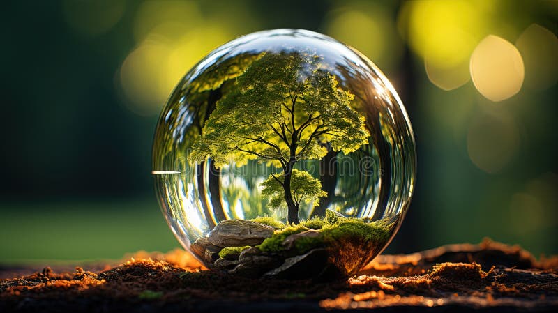 Glass Bubble with Tree and Environment on Blurry Background Stock ...