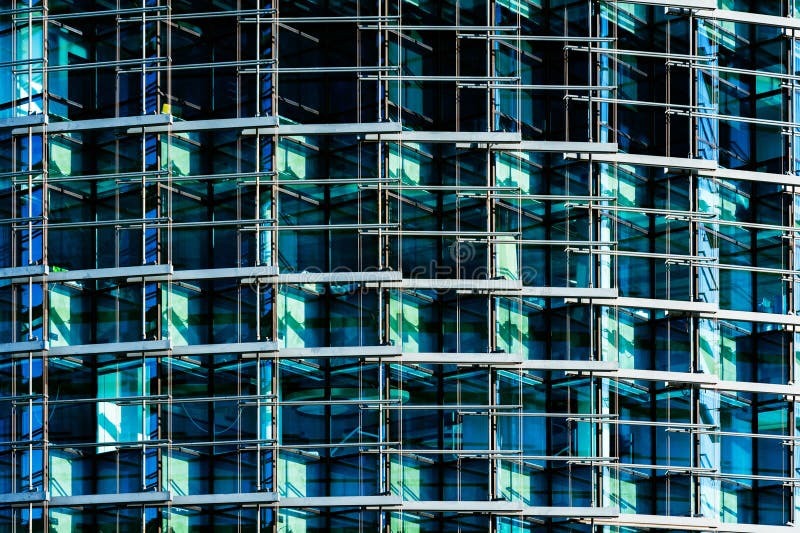 Glass Building Facade with Complex Steel Framework and Reflective Blue ...