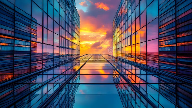 Glass Building Facade Reflecting Colorful Sunset - Illustration Stock ...