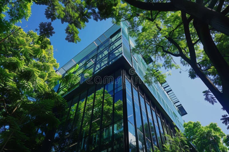 Glass Building Reflecting Trees and Sky with Sunlight Stock Photo ...