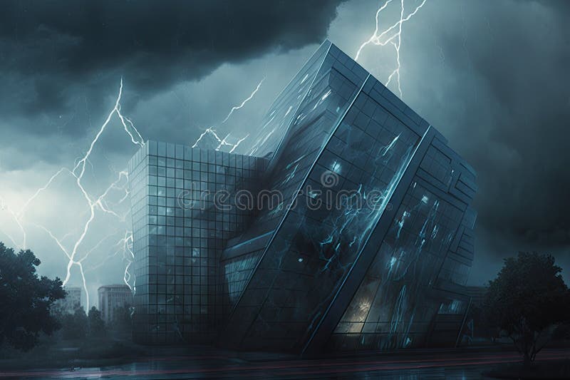 Glass Building in Storm, with Lightning and Thunderstorms Visible ...