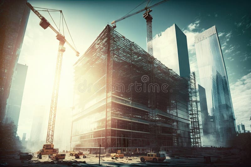 Glass Building Under Construction, with Towering Cranes and Bustling ...